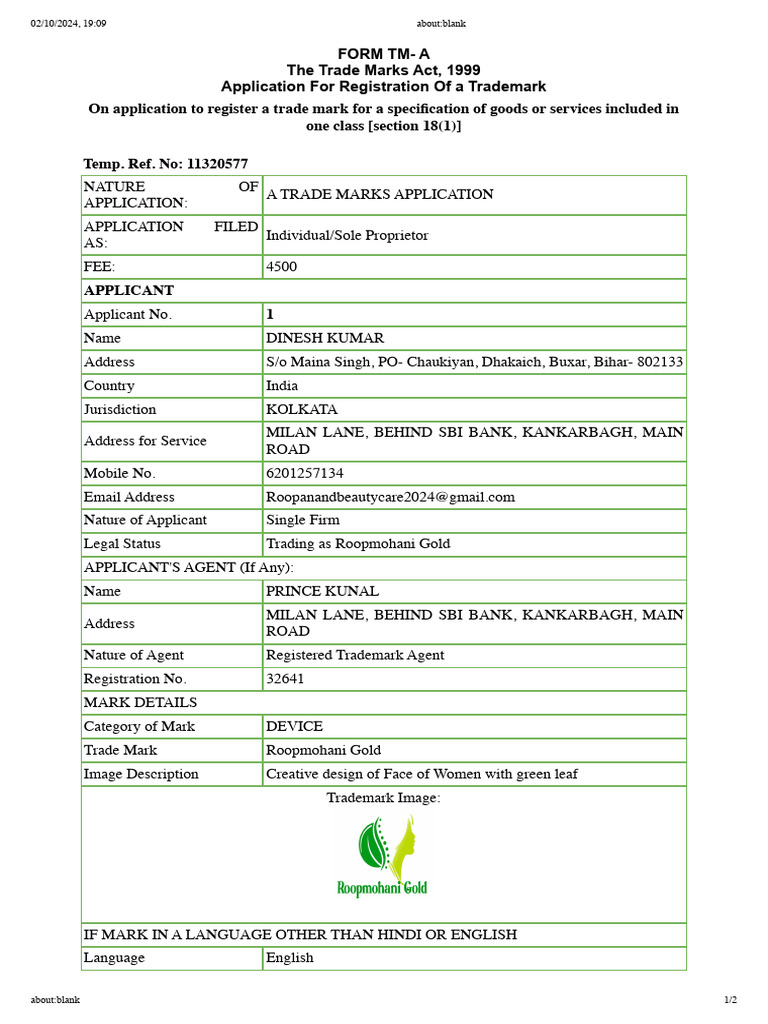 Roopmohini TM Draft Form | PDF | Trademark | Private Law