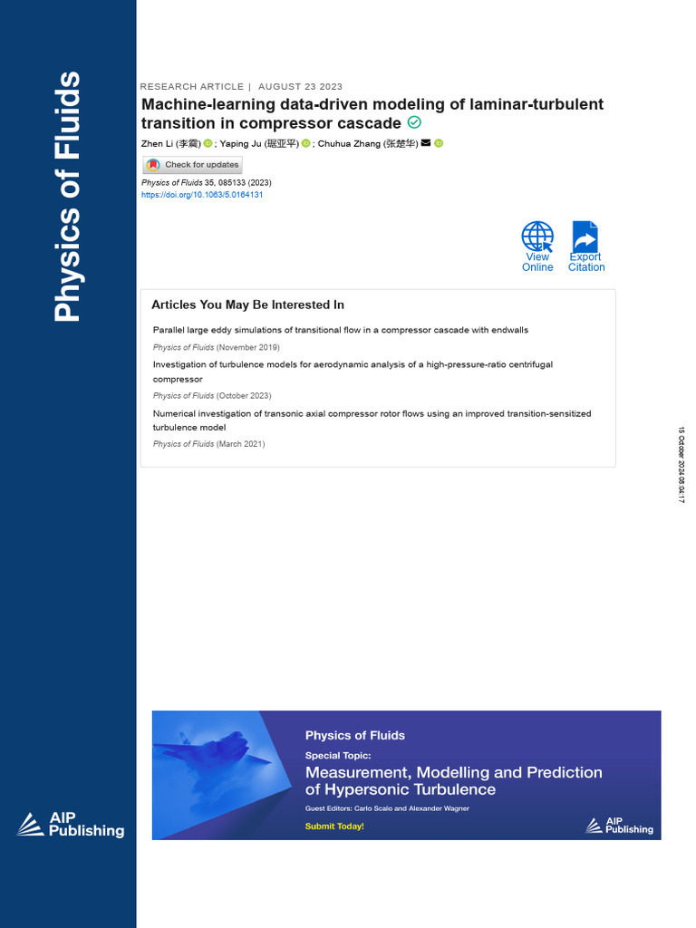Machine-Learning Data-Driven Modeling of Laminar-Turbulent Transition in Compressor Cascade ...