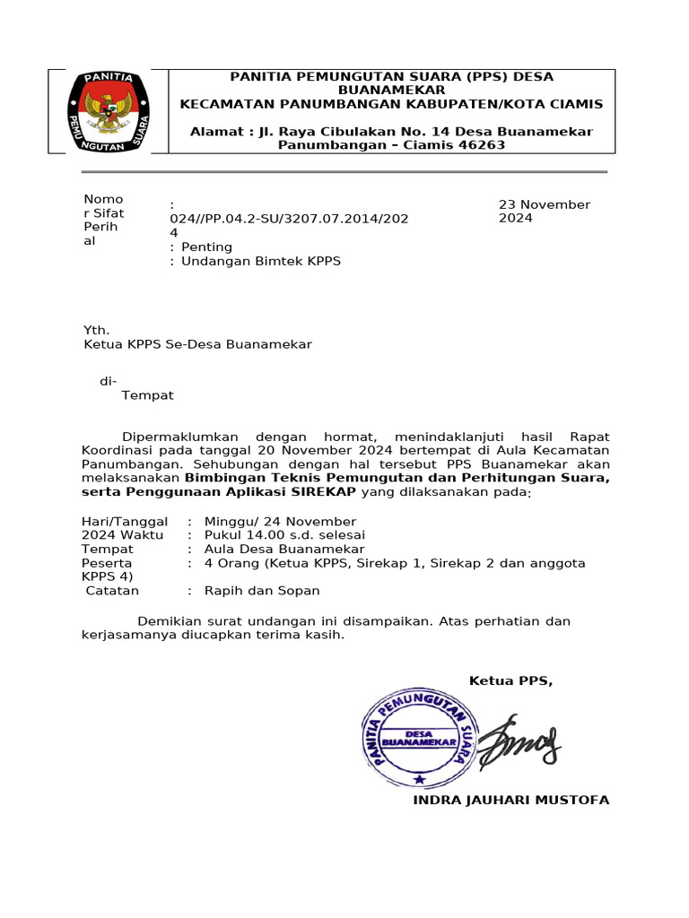 024 - Undangan Bimtek KPPS | PDF