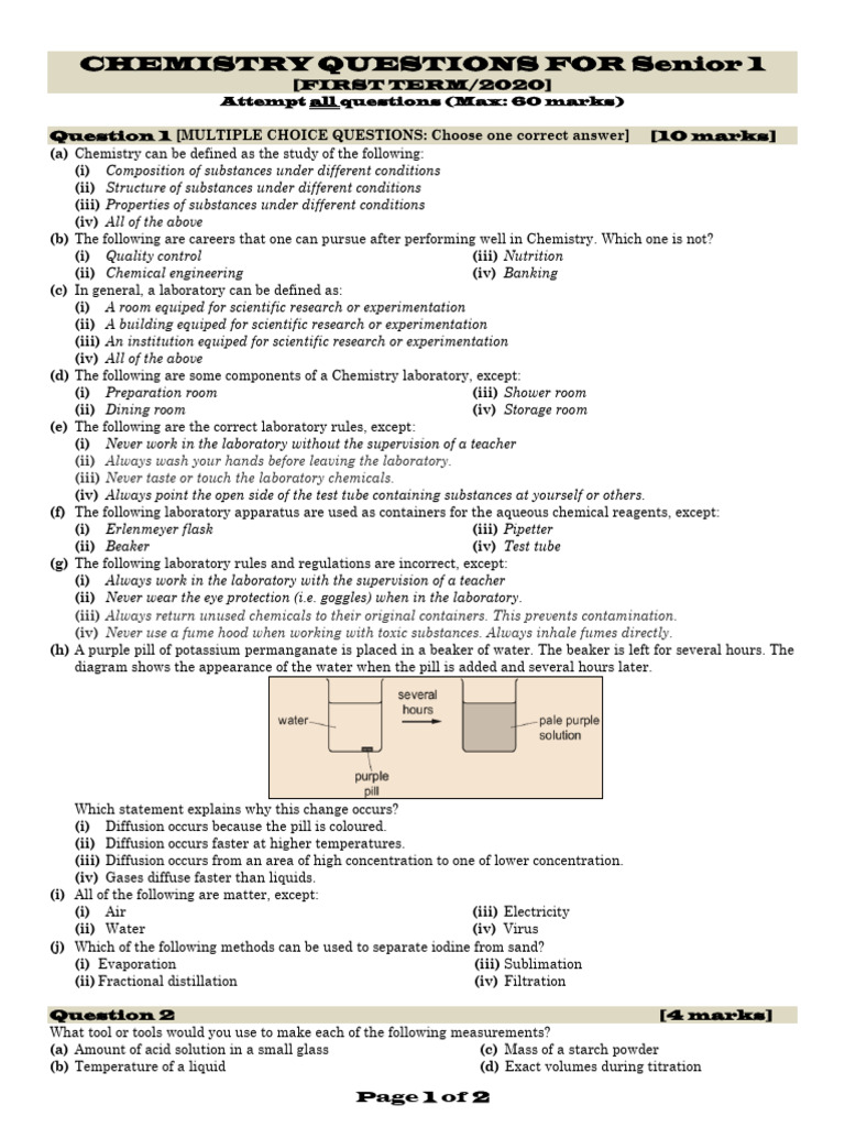 Senior 1 Chemistry Questions & Answers | PDF | Water | Chemistry
