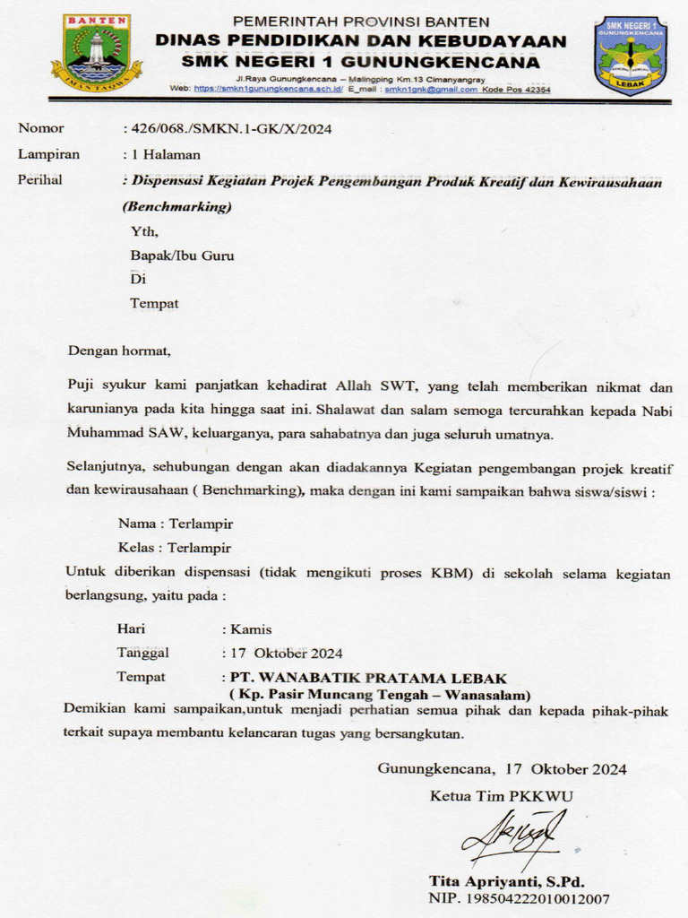 Surat Dispensasi PKK Siswa | PDF