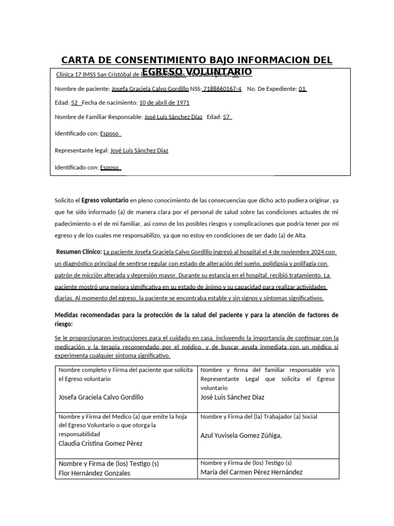Nota de Egreso-Voluntario-1 | PDF | Trastorno depresivo mayor ...