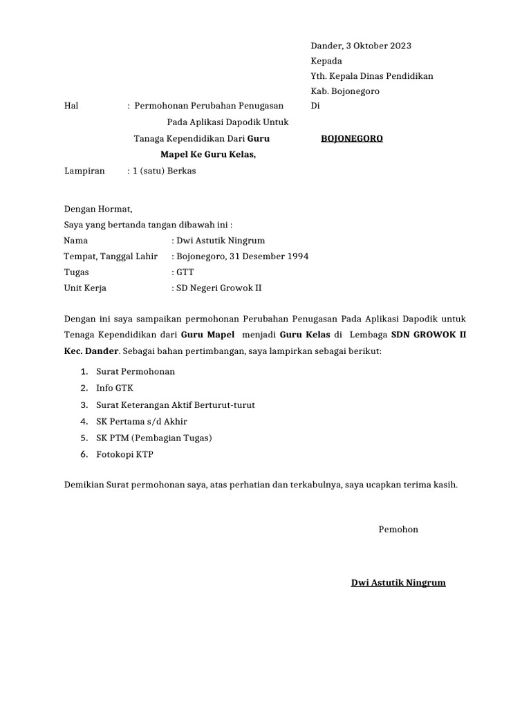Permohonan Penugasan Non Induk Ke Induk 2023 DWI | PDF
