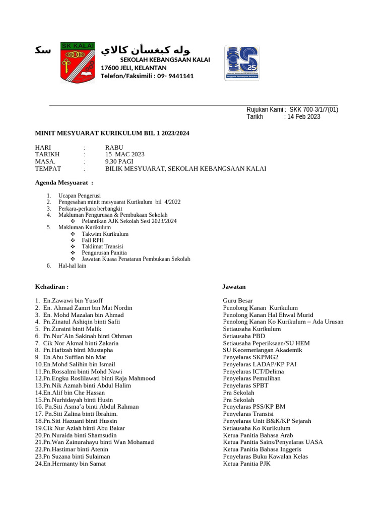 Minit Mesyuarat Kurikulum Bil 1 2023 | PDF