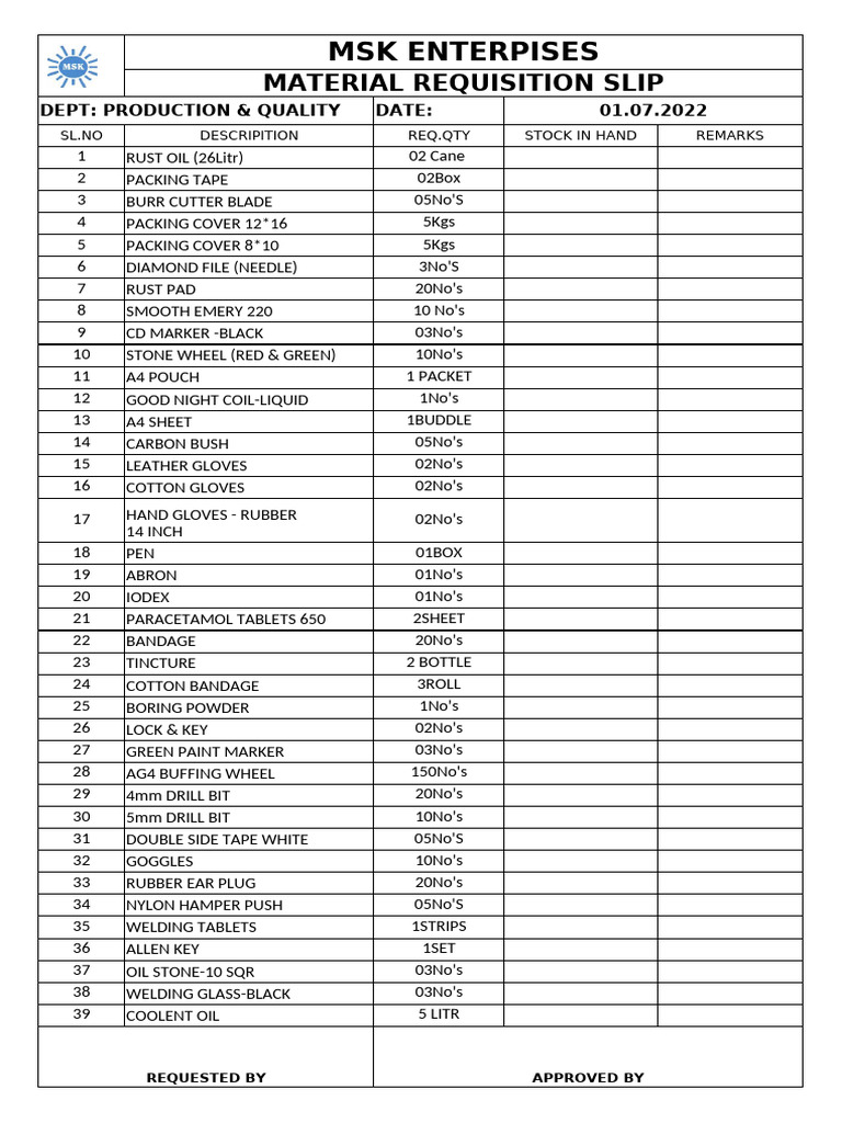 Material Requisition Slip - July | PDF | Conservation And Restoration ...