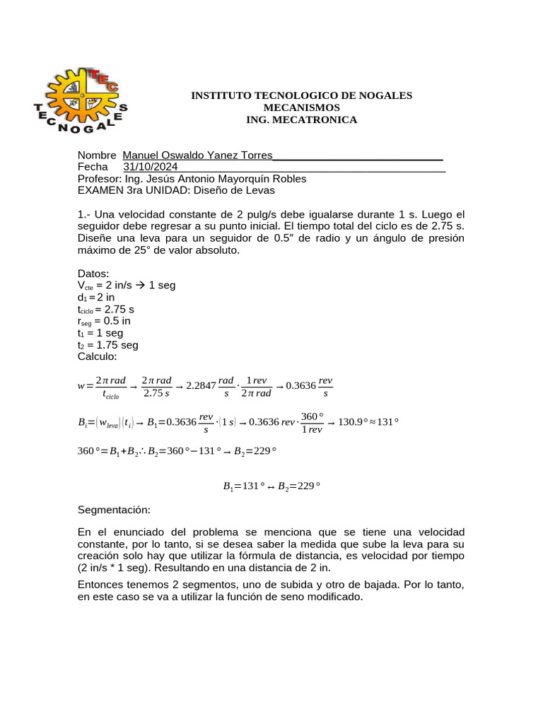 Examen - 3ra UNIDAD - MECANISMOS - Yanez Torres Manuel Oswaldo | PDF | Mecánica | Movimiento ...