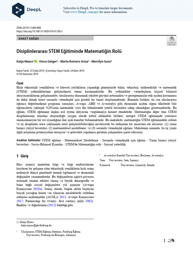 The Role of Mathematics in Interdisciplinary STEM Education TR | PDF