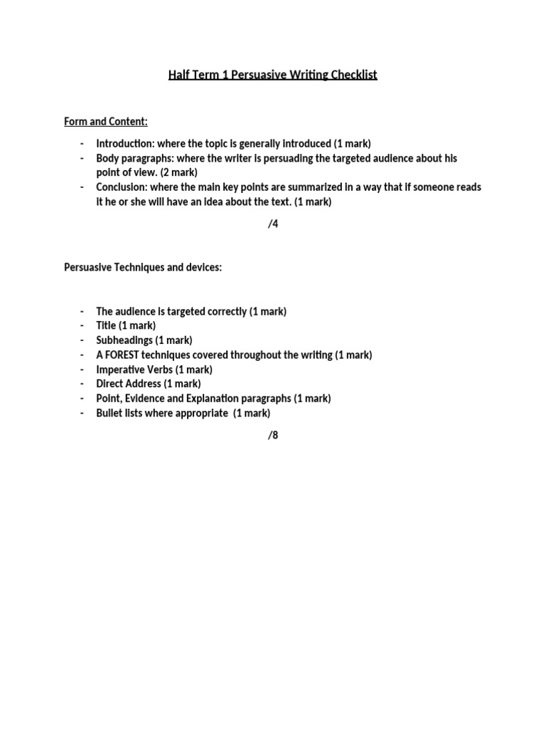 Persuasive Writing Checklist Guide | PDF | Language Arts & Discipline