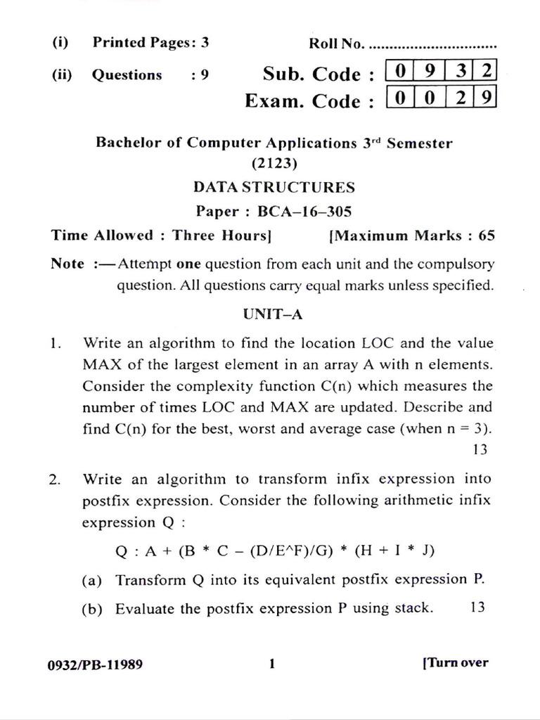 BCA - 3rd Sem - BCA - 16 - 305 - Data Structures - December 2023 | PDF