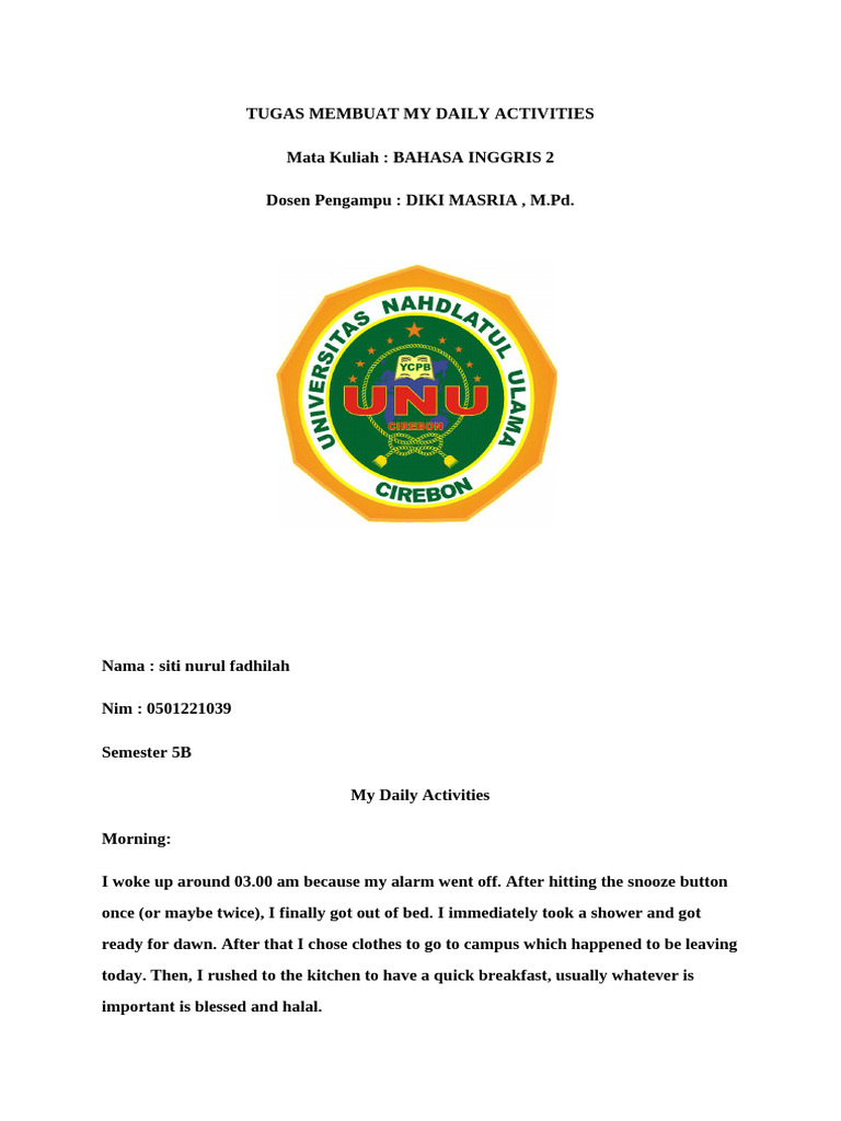Tugas Membuat Daily Activities MK B.inggris 2 Siti Nurul Fadhilah 0501221039 | PDF
