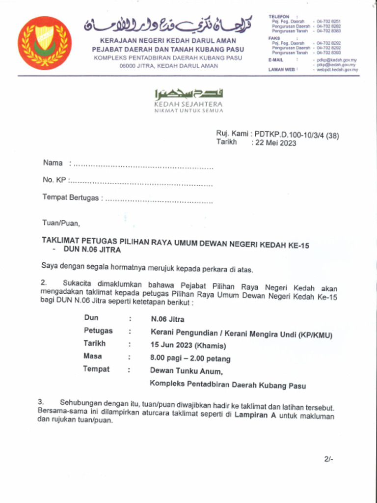 (Kp&kmu) - Surat Jemputan Taklimat Dan Pelepasan Dun N.06 Jitra | PDF