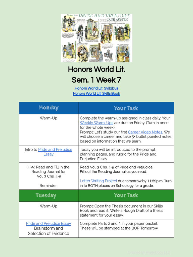 2024-25 Honors World Lit. Sem. 1 Week 7 Hyperdoc | PDF