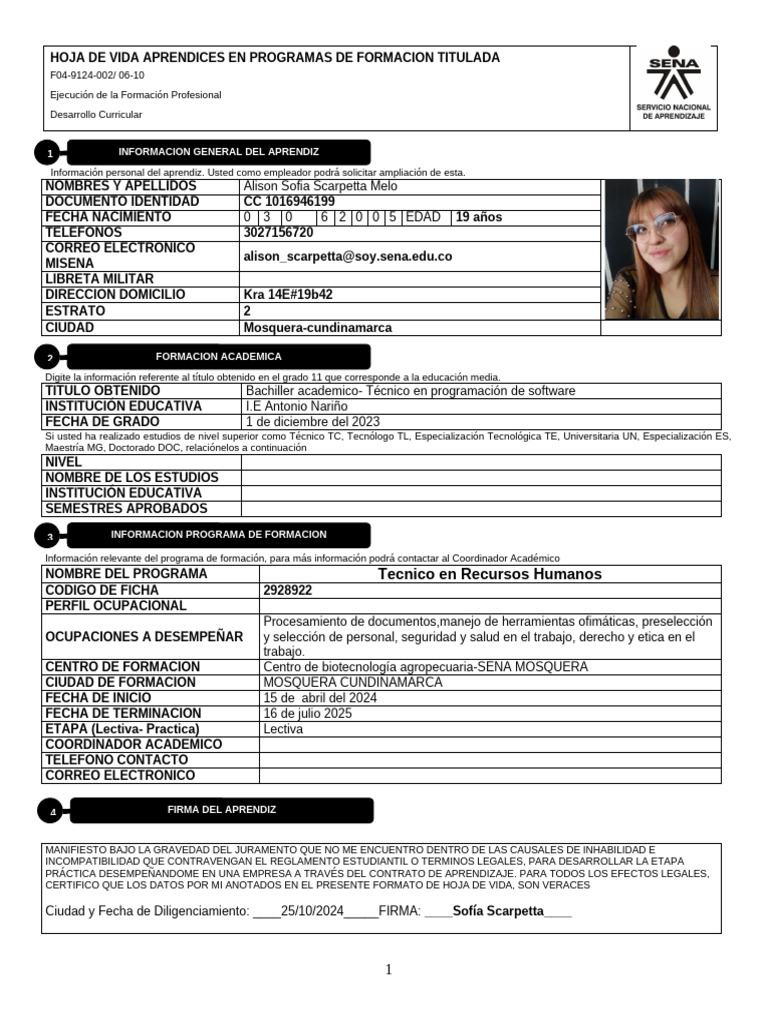 Hoja de Vida Sena Sofia Scarpetta | PDF | Crecimiento personal y profesional