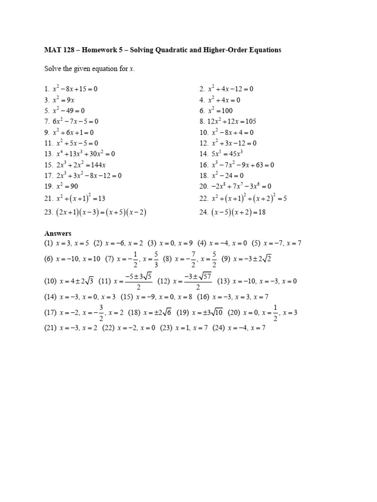 MAT 128 HW 5 Solving Quadratic and Higher Order Equations | PDF