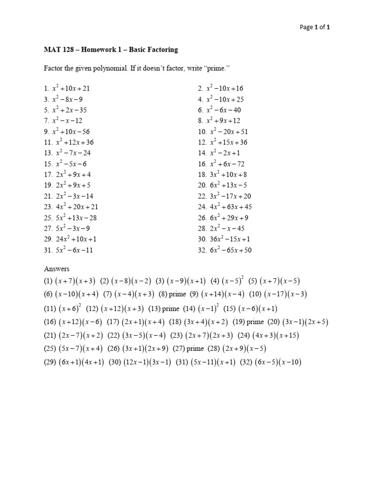 MAT 128 HW 1 Basic Factoring | PDF