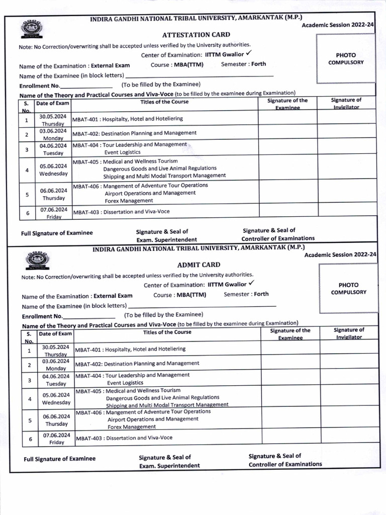 Admit Card Format For MBA 4th Sem 2022-24 Batch | PDF