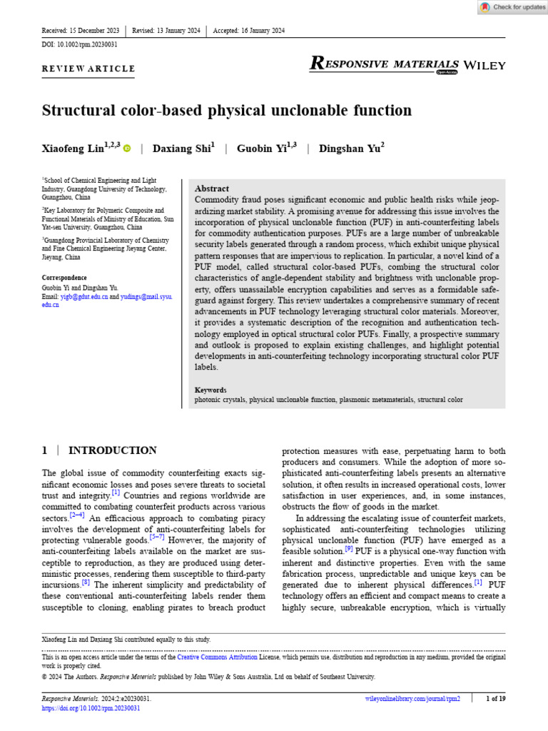 Responsive Materials - 2024 - Lin - Structural Color Based Physical Unclonable Function | PDF ...