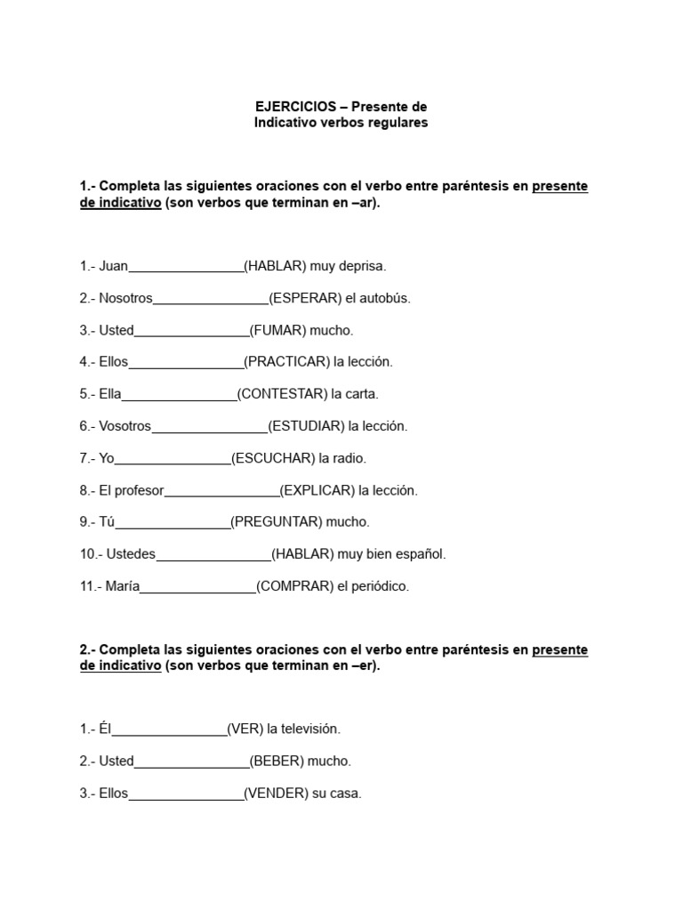 EJERCICIOS Presente de Indicativo Regulares | PDF