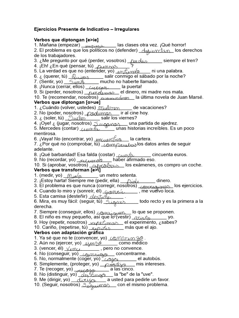 Feito Ejercicios Presente de Indicativo Irregulares 1 | PDF