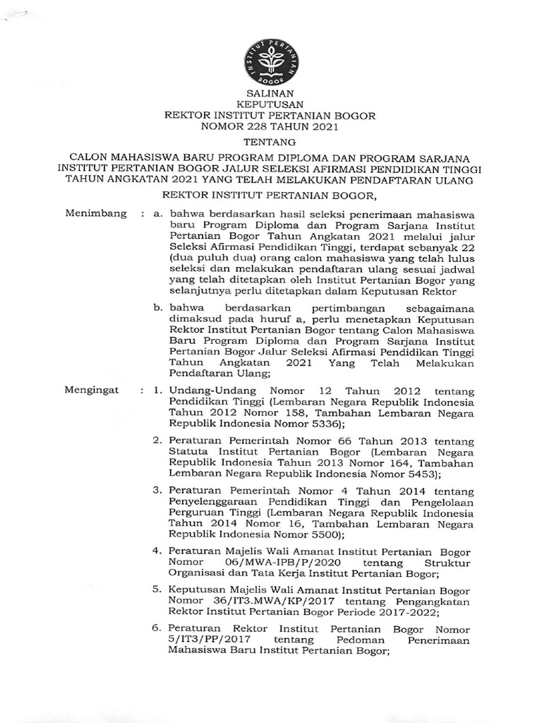 228 Tahun 2021 Calon Mahasiswa Baru Program Diploma Sarjana IPB Jalur ...