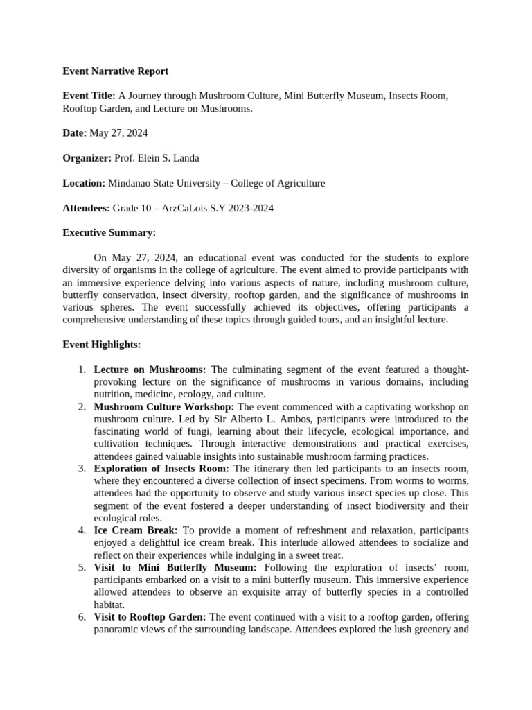 Event Narrative Report | PDF | Biodiversity | Ecology