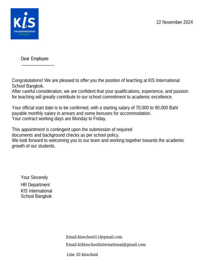 KIS School Offer Letter | PDF | Career & Growth | Business