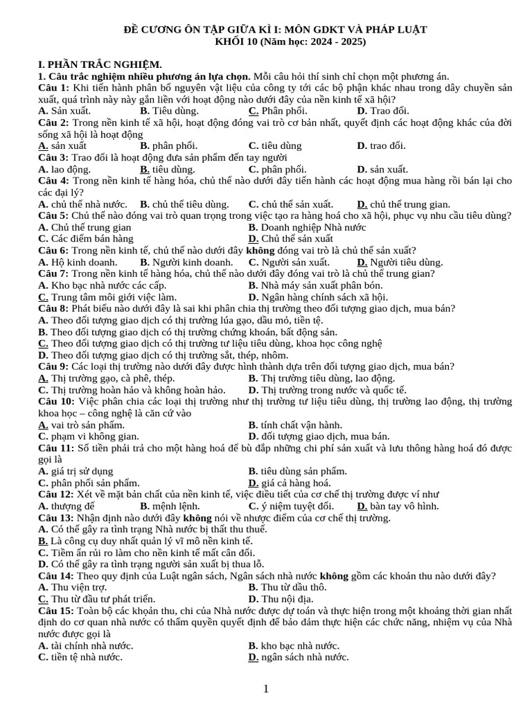 Đáp Án 20242024-2025 Đề Cương Ôn Tập Giữa Kỳ i Khối 10 Môn Gdkt&Pl | PDF