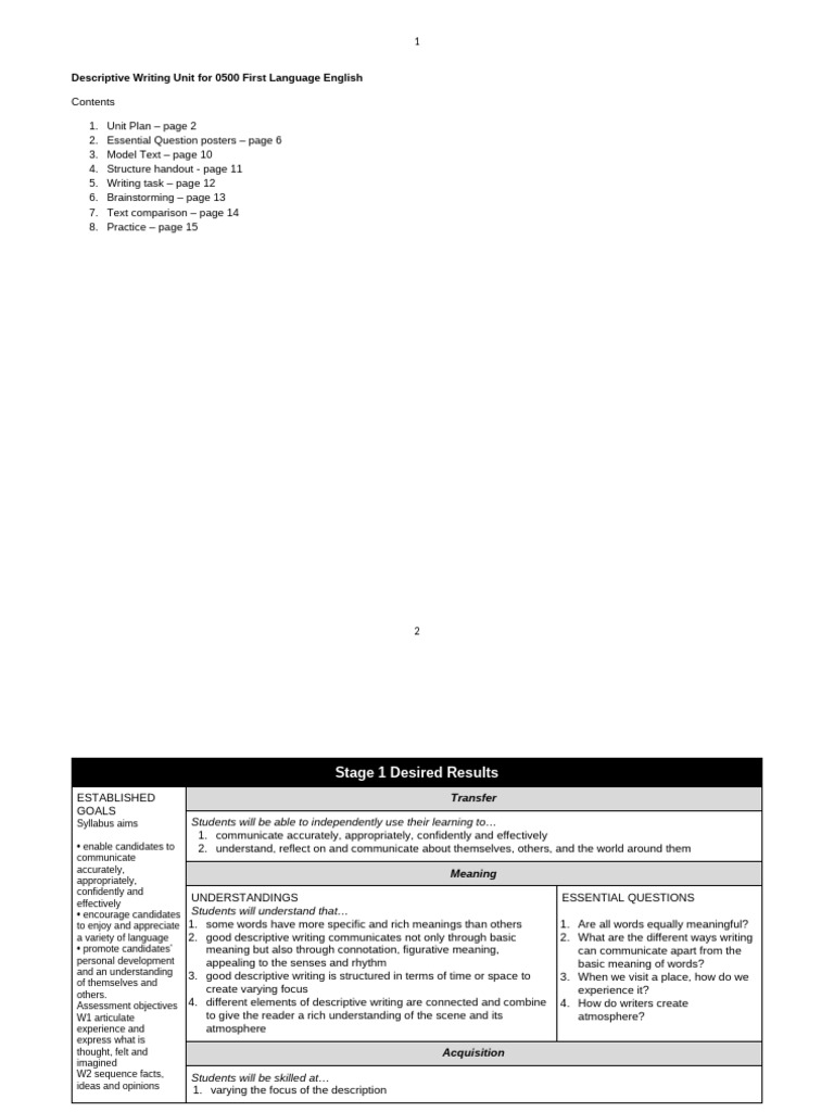 Descriptive Writing Unit 2017 | PDF | Senses | Vocabulary