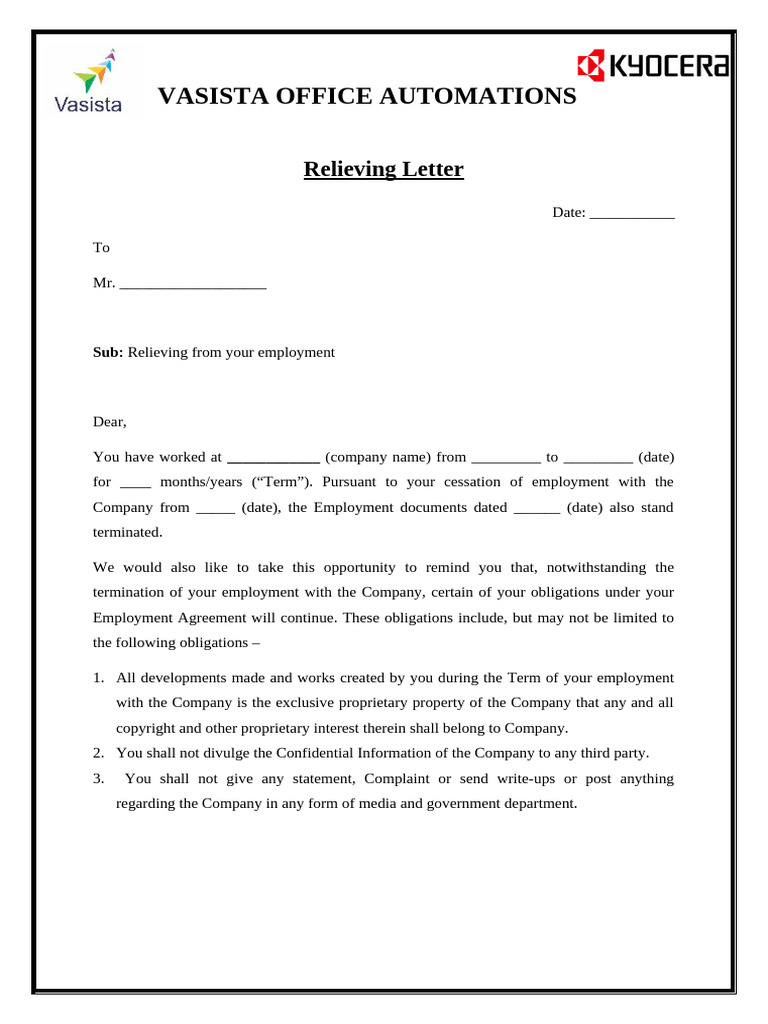 Relieving Letter | PDF | Finance & Money Management