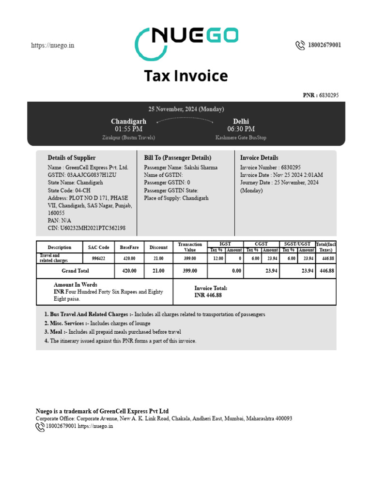 Tax Invoice: Chandigarh Delhi | PDF