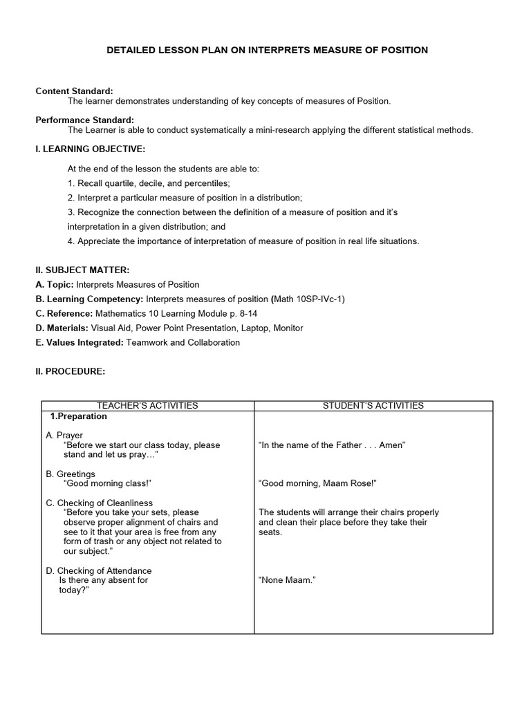 Detailed Lesson Plan On Interprets Measure of Posi | PDF | Percentile ...
