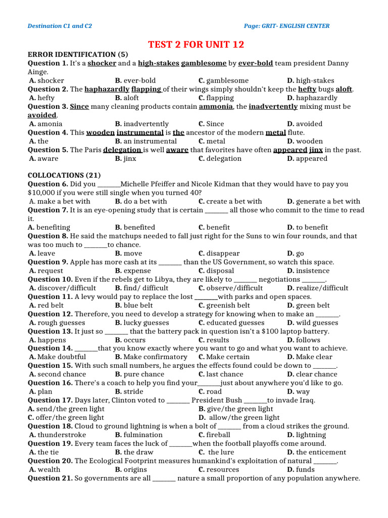 Test 2 For Unit 12 C1C2 | PDF