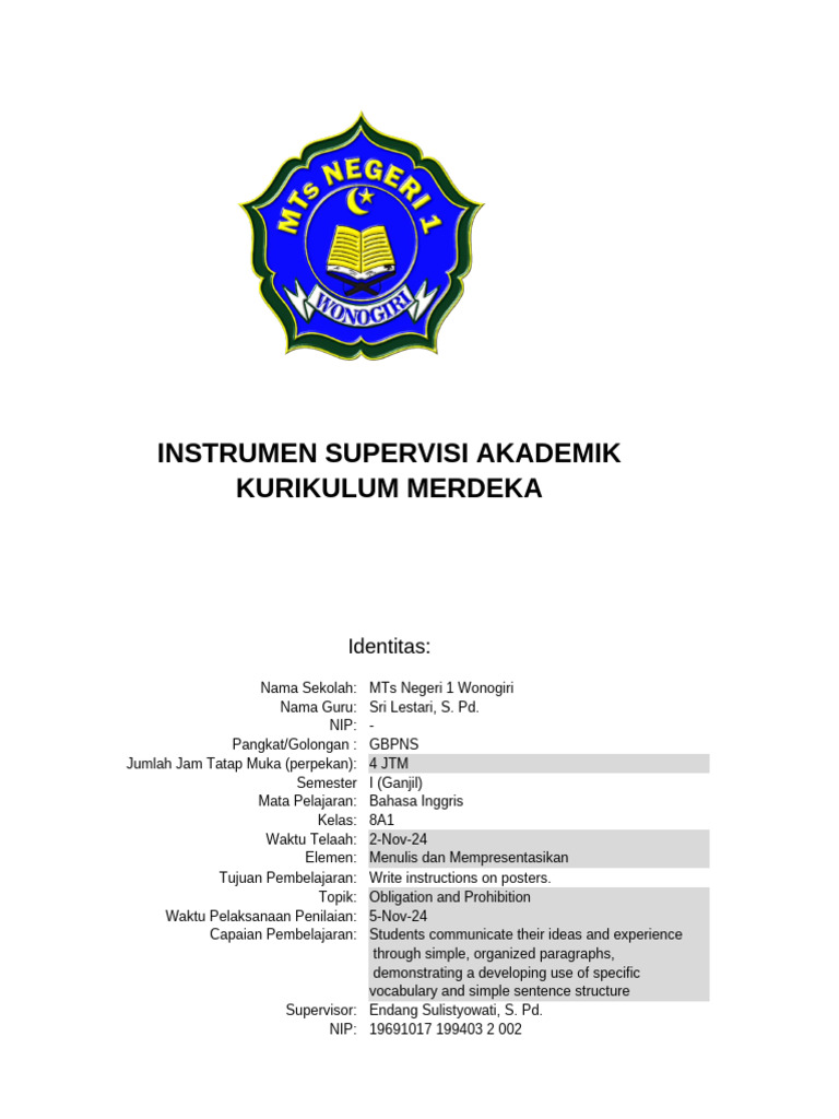 Instrumen Supervisi Akademik Kurmer | PDF