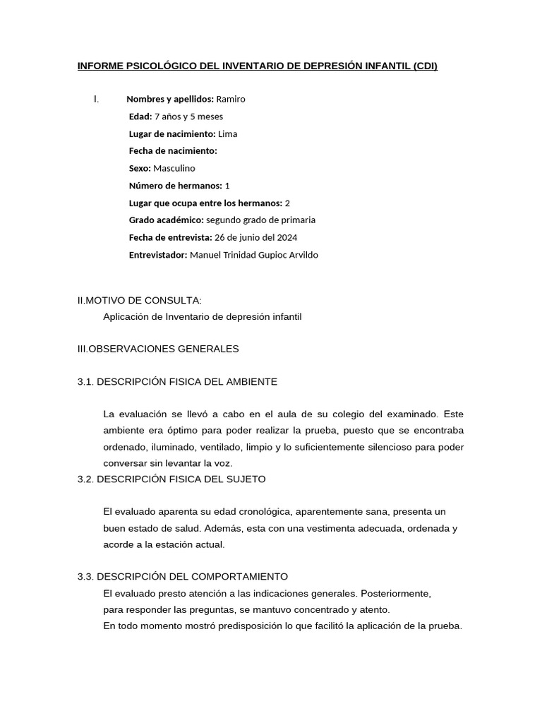 Informe Psicológico Cdi | PDF | Depresión (estado de ánimo) | Sicología