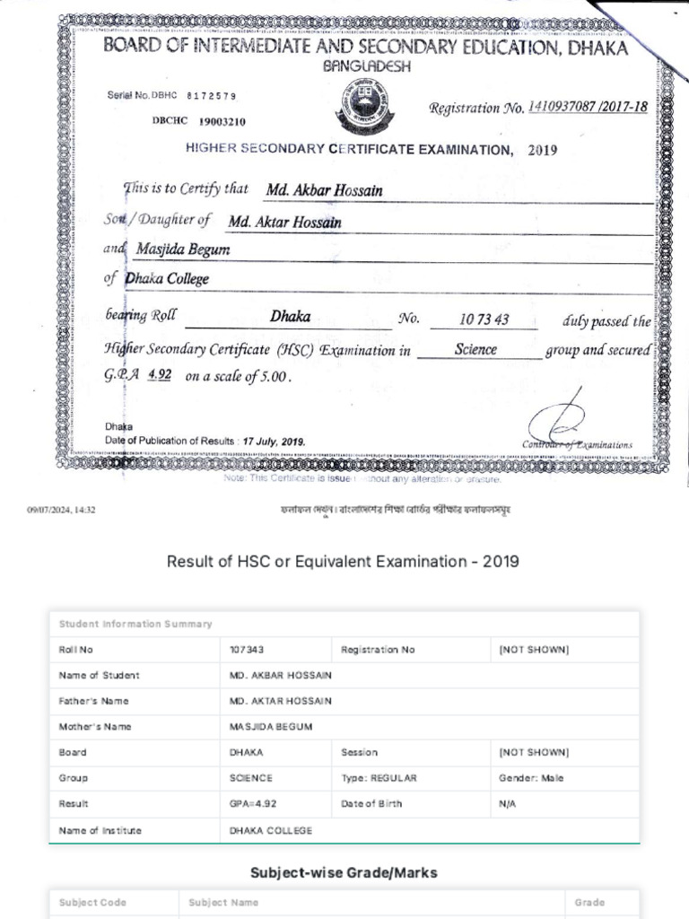 HSC Certificate and Marksheet | PDF