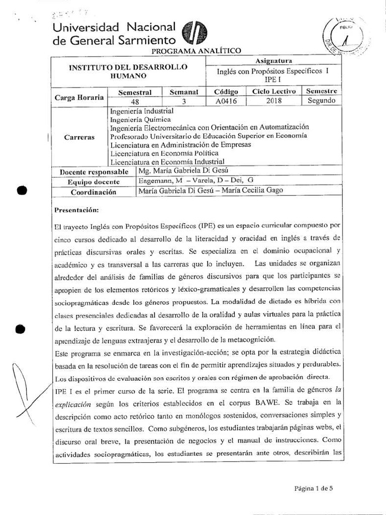 Programa Ingles 1 UNGS | PDF