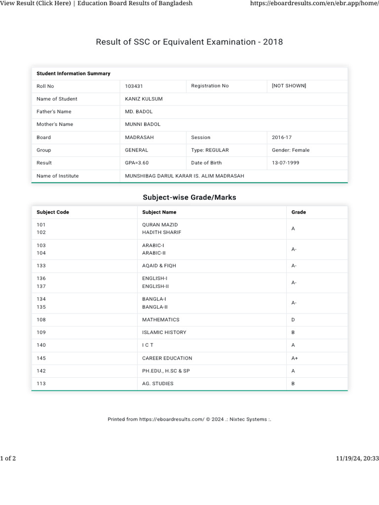 Kaniz Kulsum Marksheet | PDF | Jurisprudence | Islamic Texts