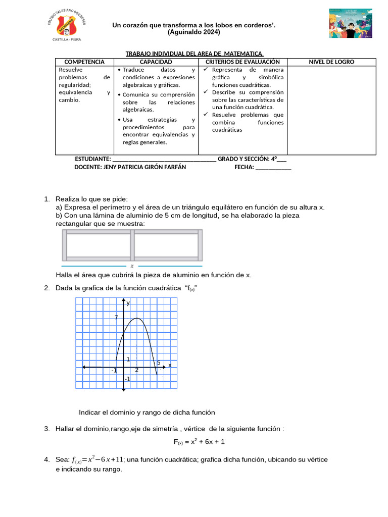 TRABAJO INDIVIDUAL DEL AREA DE MATEMATICA 4 secundaria-FUNCIONES ...