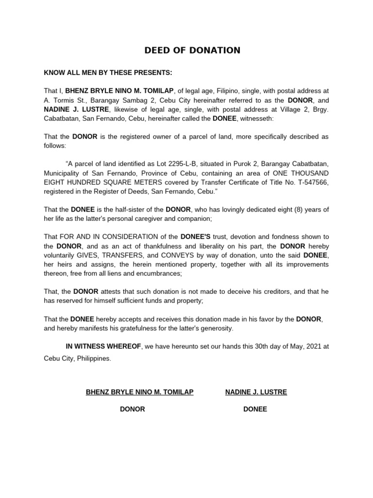 Deed of Donation - Tomilap, Bhenz Bryle | PDF | Private Law | Natural Resources Law