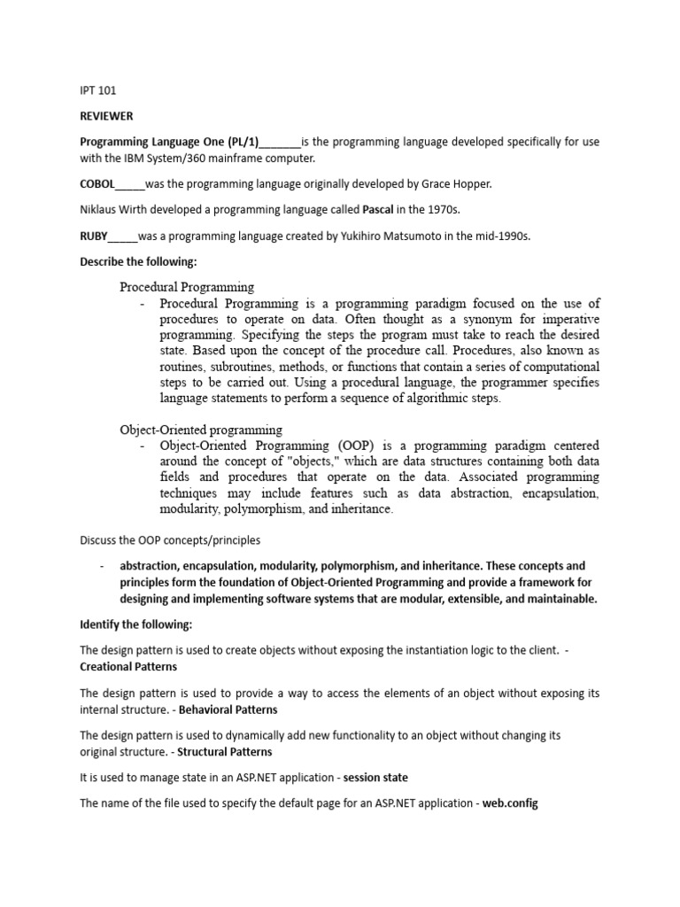 Midterm-Reviewer Ipt | PDF | Object Oriented Programming | Computer Programming