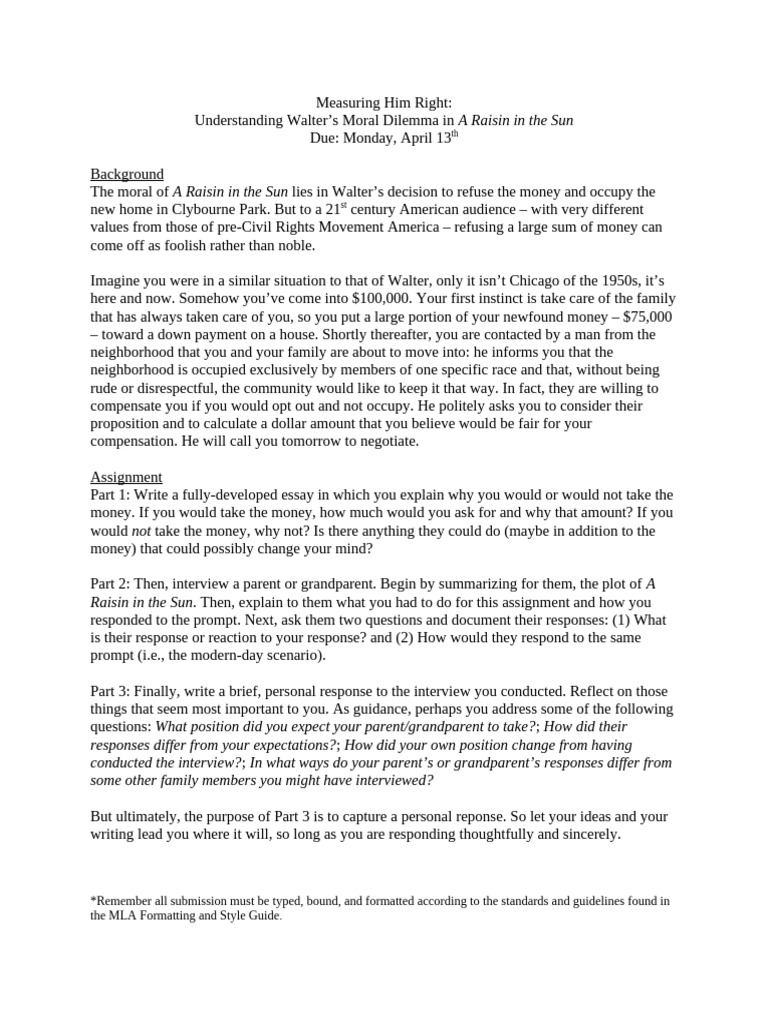 A Raisin in The Sun - 2014-2015 - Handout - Writing Project | PDF