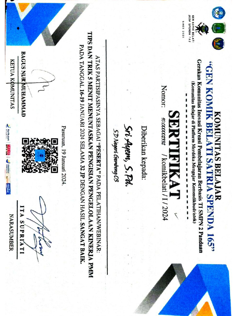 Sertifikat Bu Sri 32 Jam | PDF