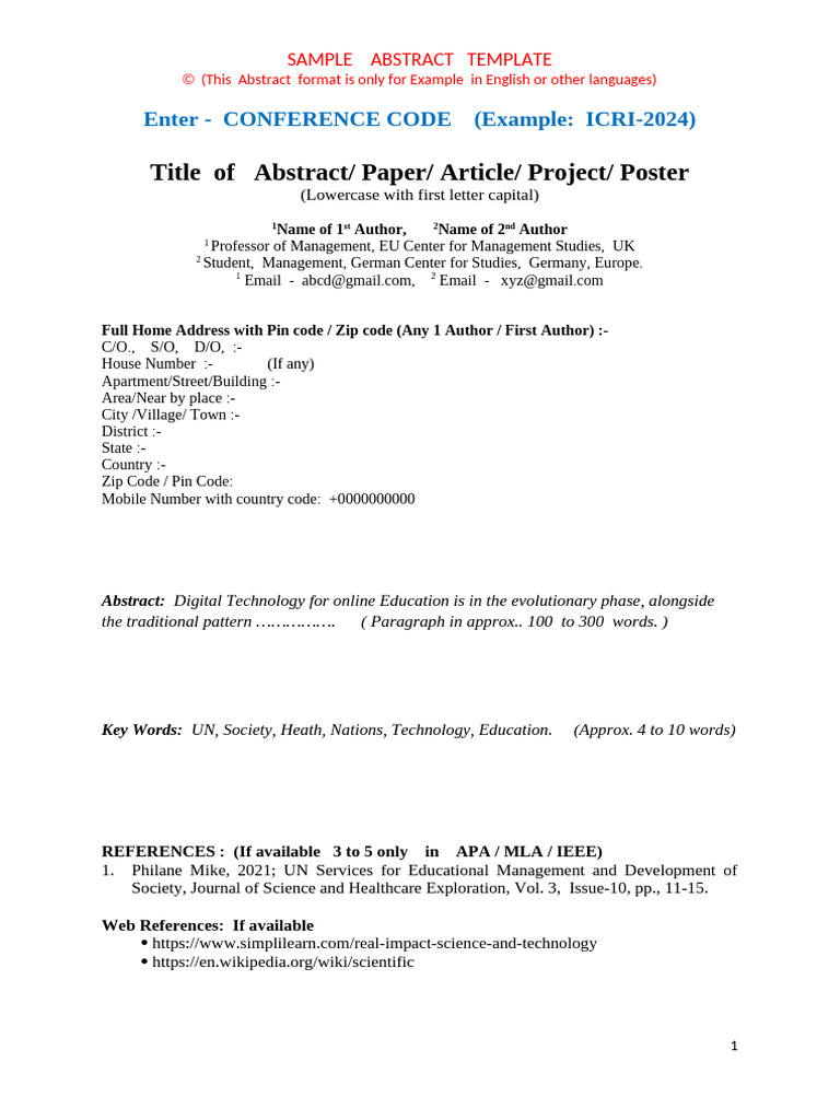 Sample Abstract Template | PDF | Abstract (Summary)