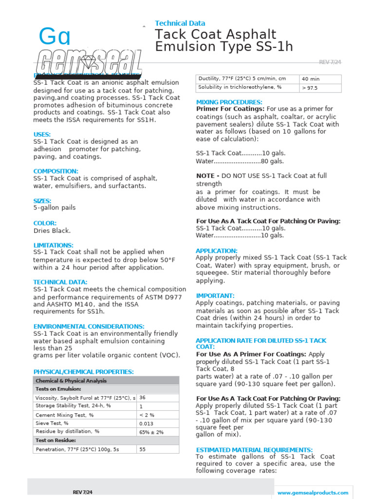 Tack Coat Asphalt Emulsion Type ss1h 1 | PDF | Emulsion | Secondary ...