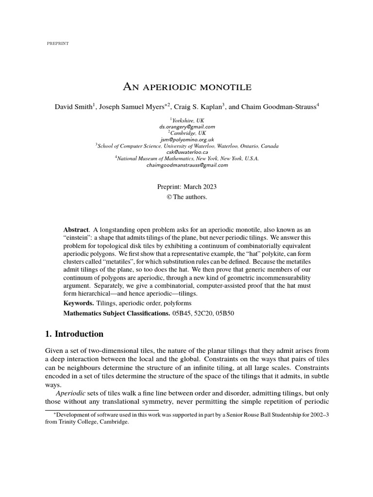 An Aperiodic Monotile | PDF | Group (Mathematics) | Vertex (Geometry)