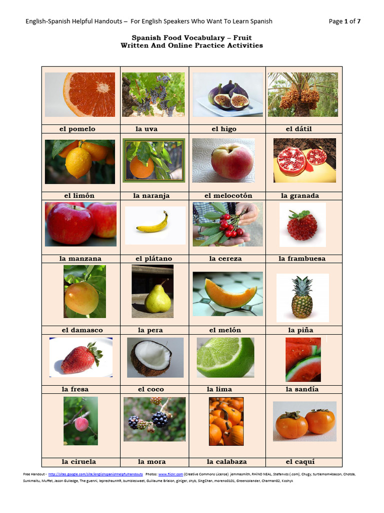 Spanish Fruit Vocabulary Guide | PDF | Fruit | Edible Fruits