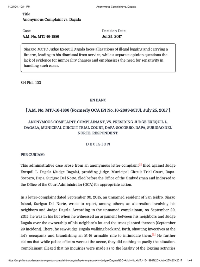 Anonymous Complaint vs. Dagala (44 Pages) | PDF | Judge | Complaint
