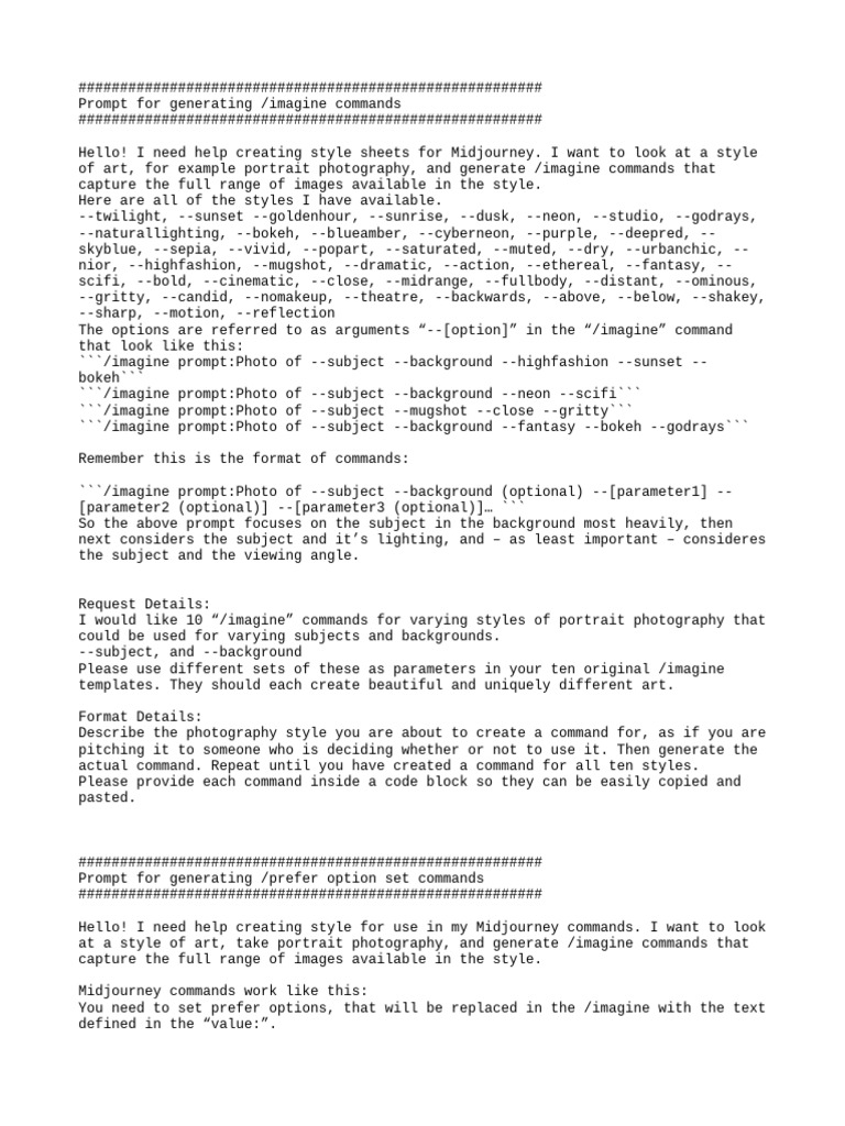 ChatGPT Prompts To Generate Midjourney (v5) Commands 2 | PDF | Light | Imaging