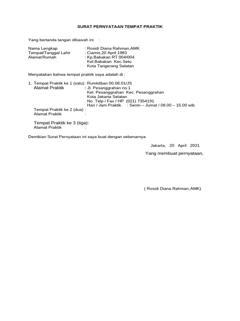 Surat Pernyataan Tempat Praktik | PDF