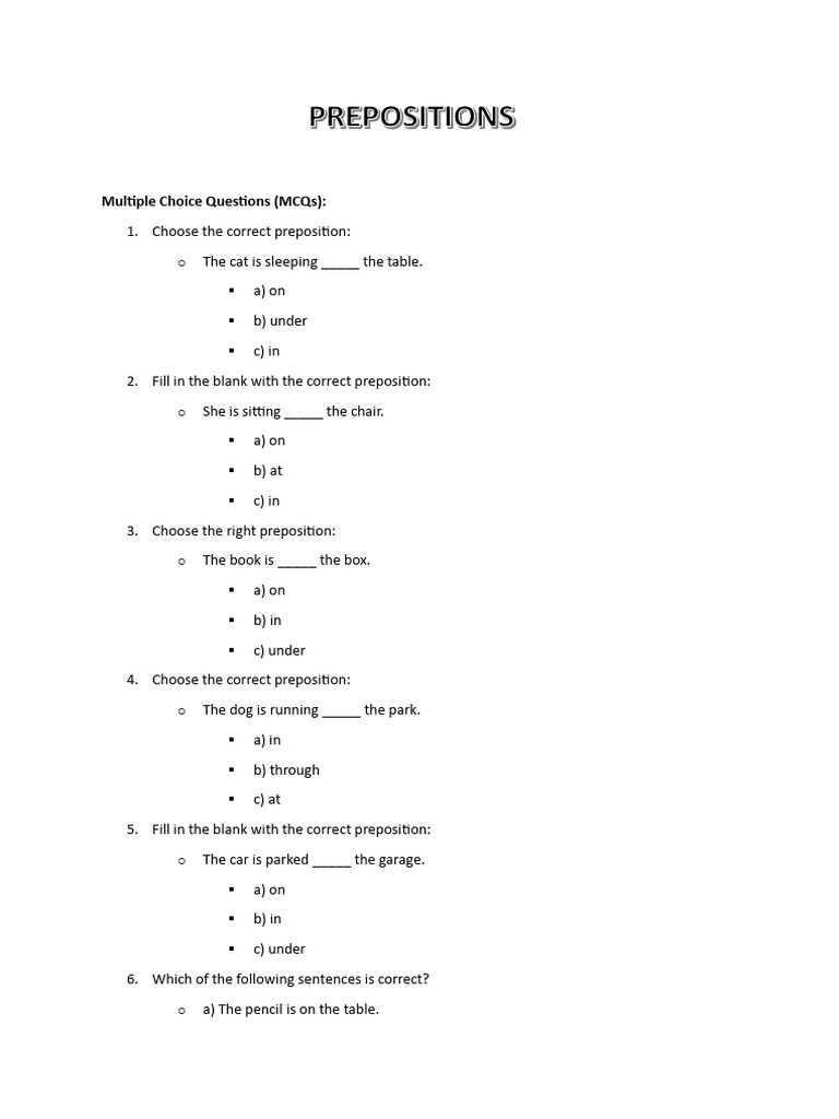 PREPOSITIONS, grade 4 | PDF